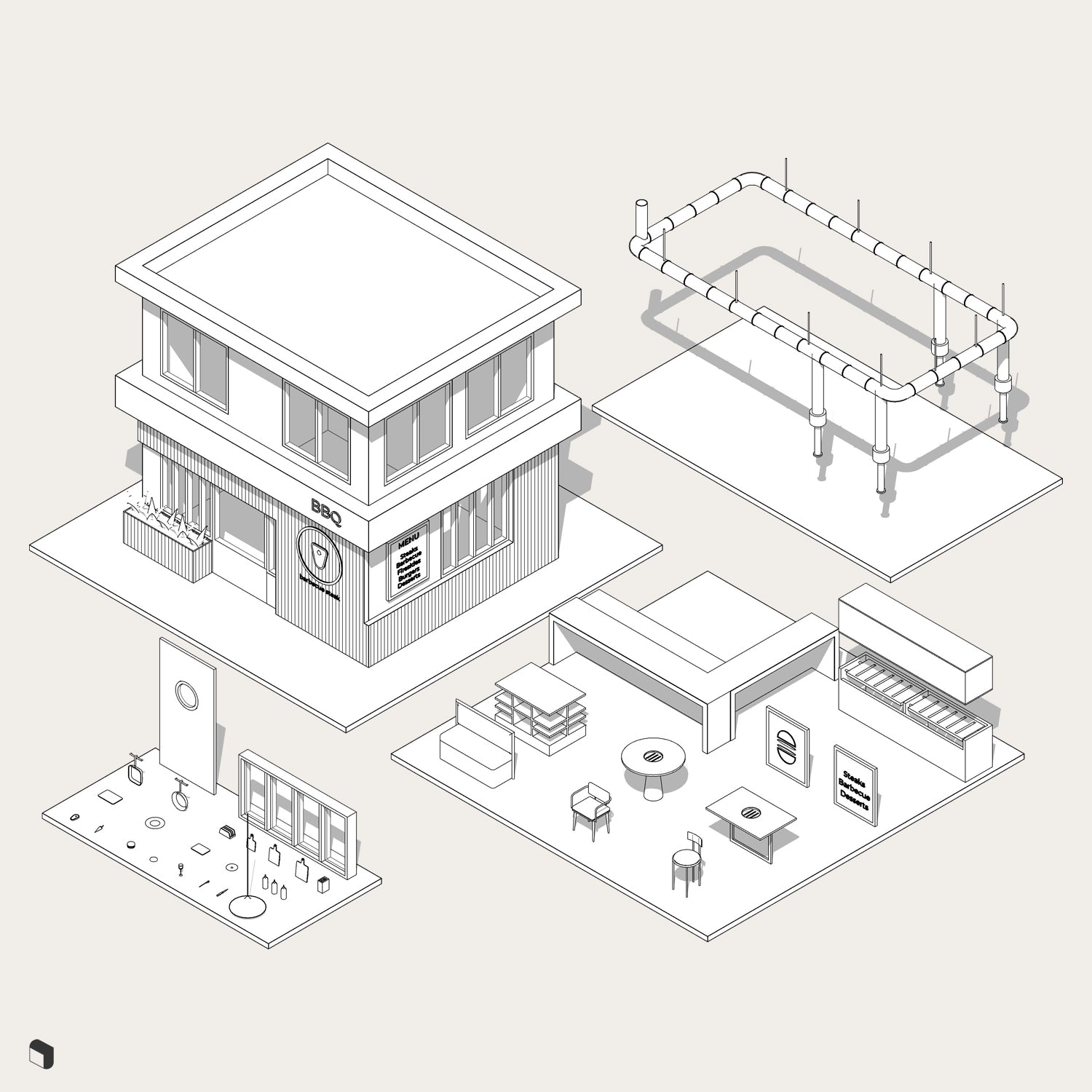 3D Model Revit Barbecue Restaurant – Toffu Co