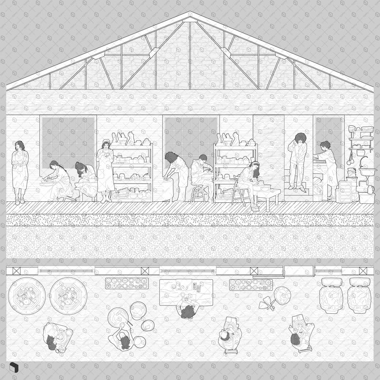Flat Vector Detailed Pottery Workshop Section & Plan – Toffu Co