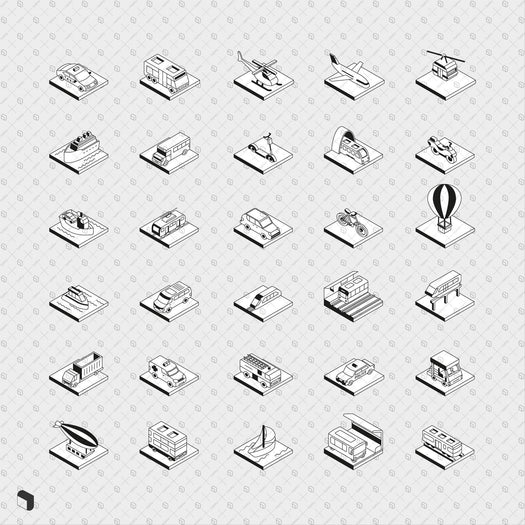 Axonometric Cad Public Transport Icon Set | Toffu Co