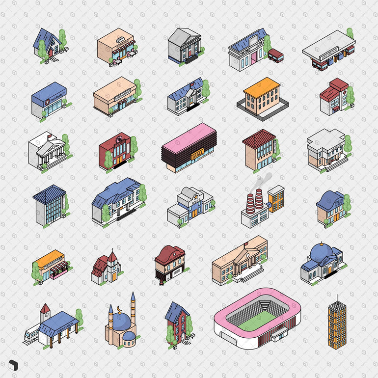 Flat & Axonometric Tiny Buildings Icon Set | Toffu Co