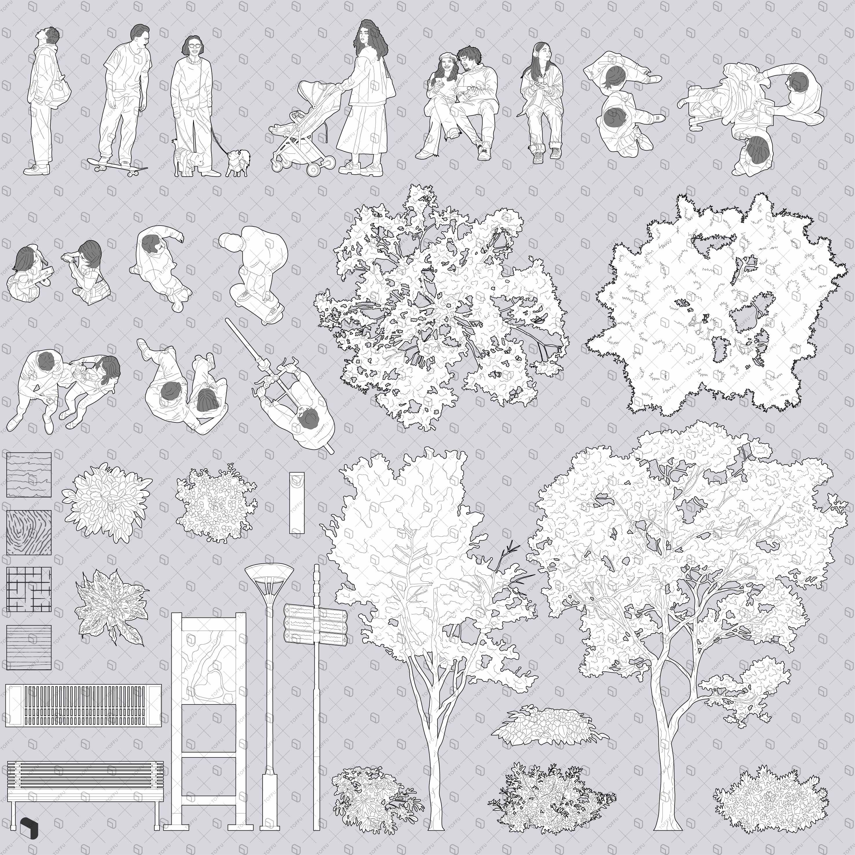 Flat Vector Detailed Urban Square Section and Plan | Toffu – – Toffu Co